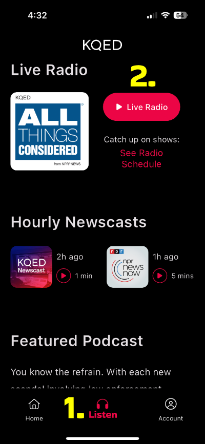 How do I play Live Radio in the new KQED app?